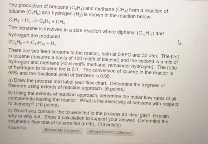Solved The production of benzene (CH3) and methane (CH) from | Chegg.com