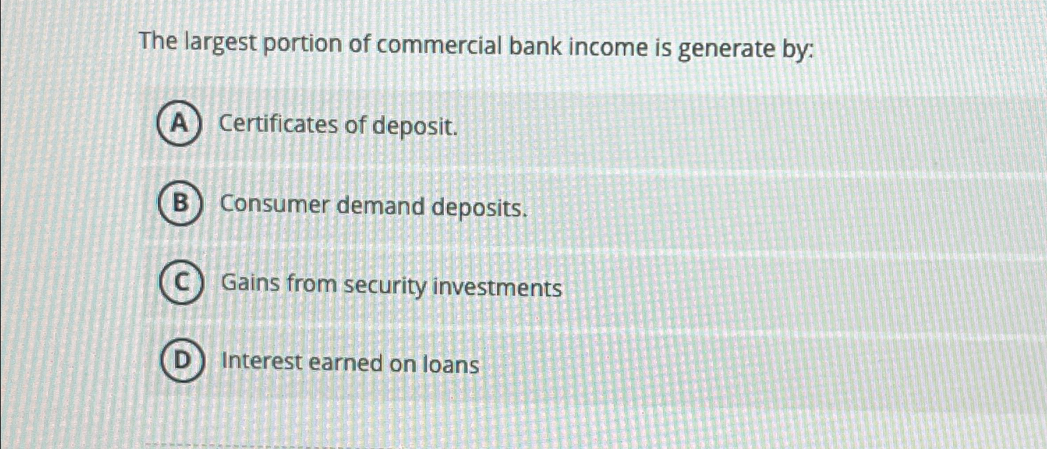 Solved The largest portion of commercial bank income is | Chegg.com