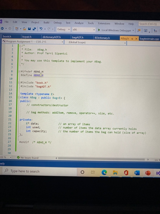 create a bag class with this template for : | Chegg.com