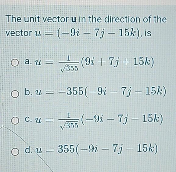 Solved The unit vector u in the direction of the vector u = | Chegg.com