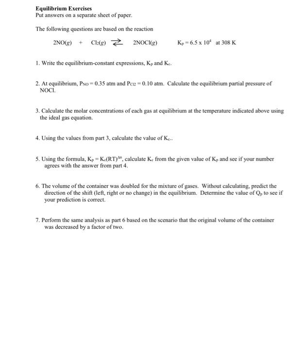 Solved Equilibrium Exercises Put answers on a separate sheet | Chegg.com