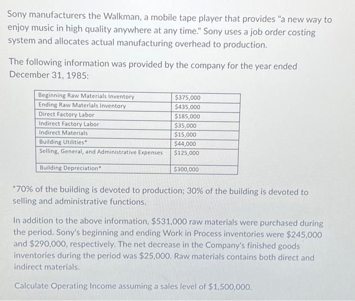 Solved Sony manufacturers the Walkman, a mobile tape player | Chegg.com