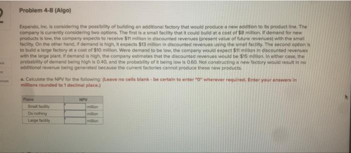 Solved Problem 4-8 (Algo) Expando, Inc. is considering the | Chegg.com