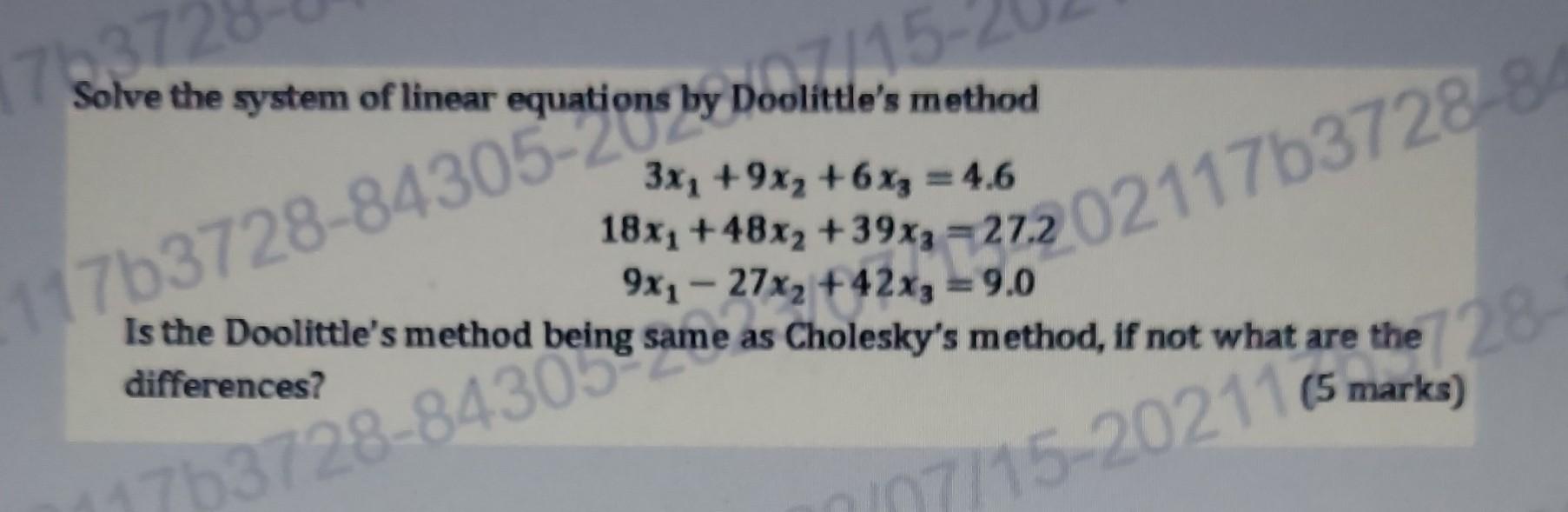 Solved Solve the system of linear equations by Doolittle's | Chegg.com