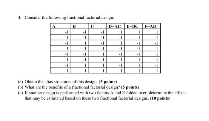Solved 4. Consider the following fractional factorial | Chegg.com