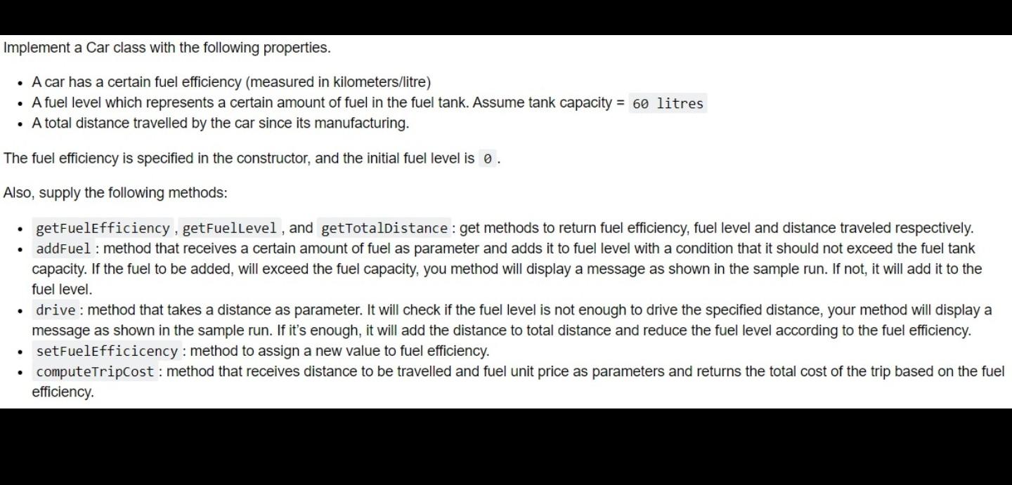 Solved Implement a Car class with the following properties. | Chegg.com