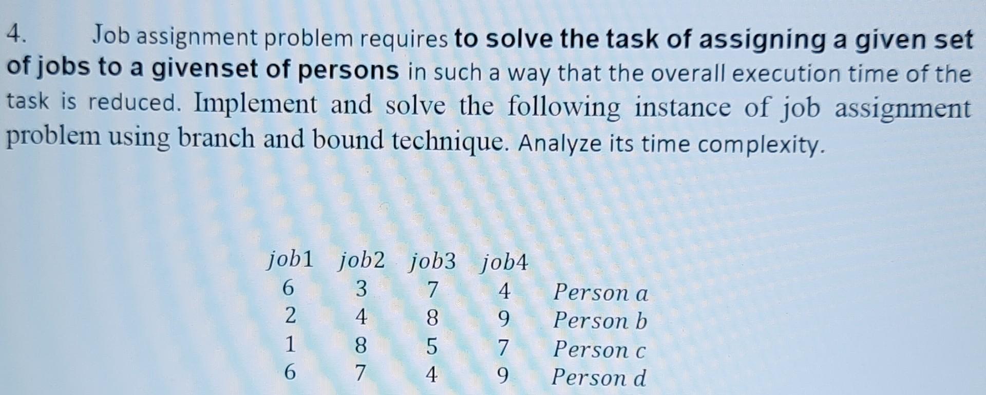 Solved 4. Job assignment problem requires to solve the task | Chegg.com