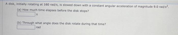 Solved A disk, initially rotating at 160 rad/s, is slowed | Chegg.com