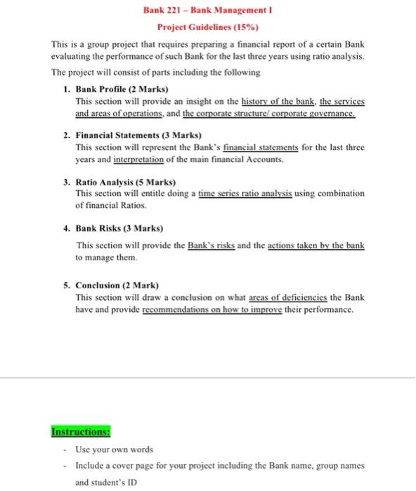 Solved Bank 221 - Bank Management Project Guidelines (15%) | Chegg.com