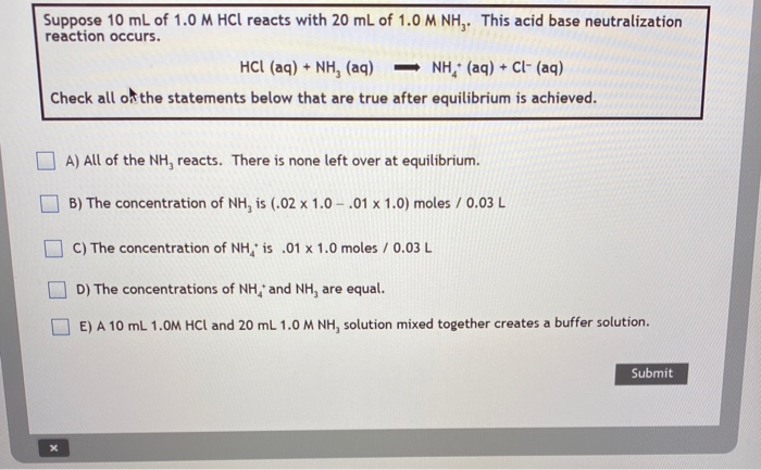 Solved Suppose 10 mL of 1.0 M HCl reacts with 20 mL of 1.0 M | Chegg.com