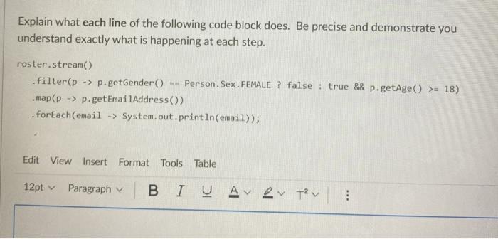 Solved Explain what each line of the following code block | Chegg.com