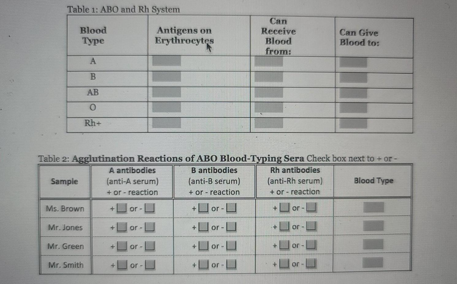 Table 1: ABO and Rh System Blood Type Antigens on | Chegg.com