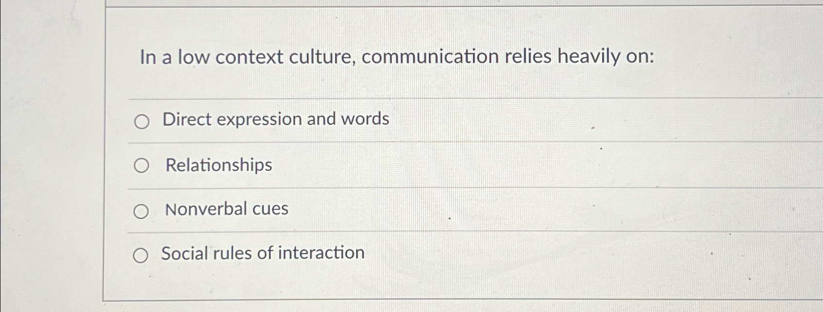 Solved In a low context culture, communication relies | Chegg.com
