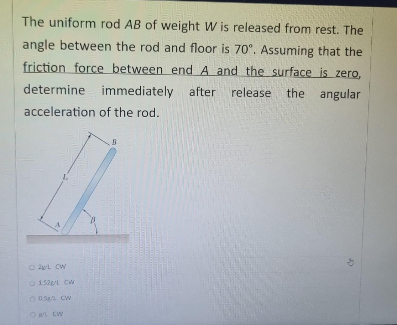 Solved The uniform rod AB of weight W is released from rest. | Chegg.com