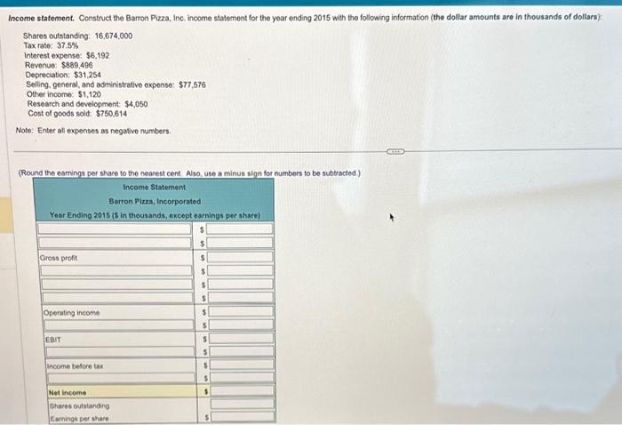 Solved Income statement. Construct the Barron Pizza, Inc. | Chegg.com