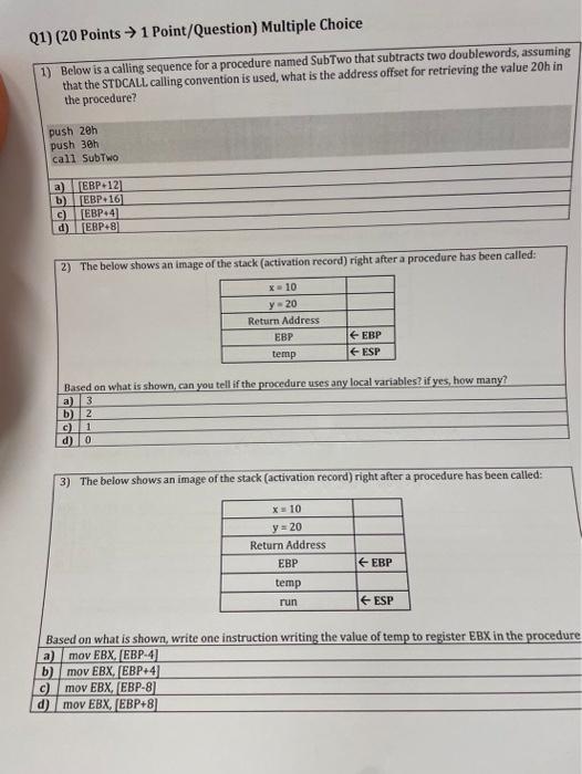 Solved Q1) (20 Points 1 Point/Question) Multiple Choice 1) | Chegg.com