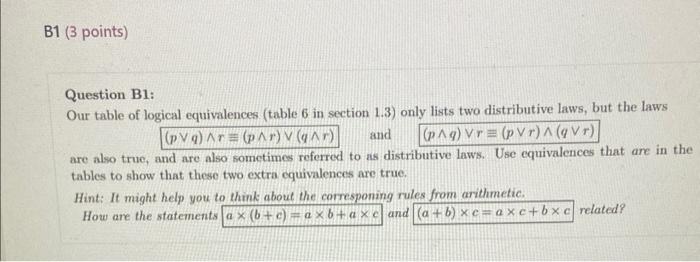 Solved Question B1: Our table of logical equivalences (table | Chegg.com