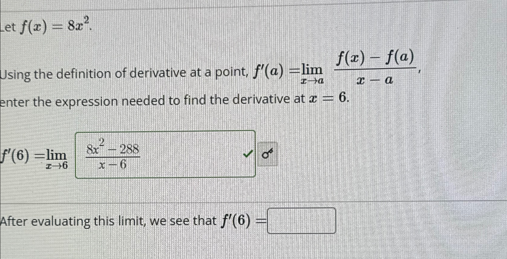 Solved et f(x)=8x2Using the definition of derivative at a | Chegg.com