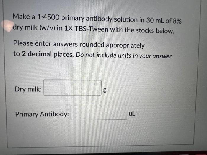Solved Make a 1:4500 primary antibody solution in 30 mL of | Chegg.com