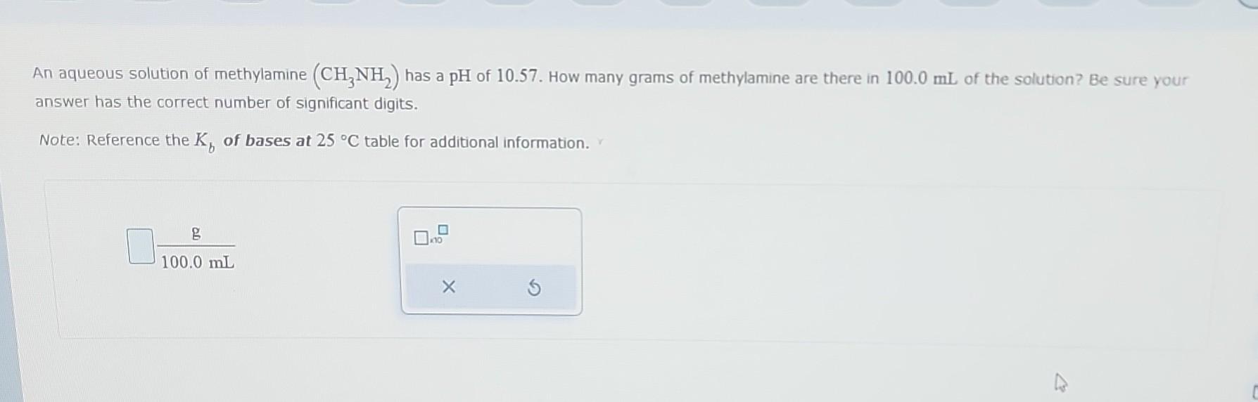 Solved An aqueous solution of methylamine (CH3NH2) has a pH | Chegg.com