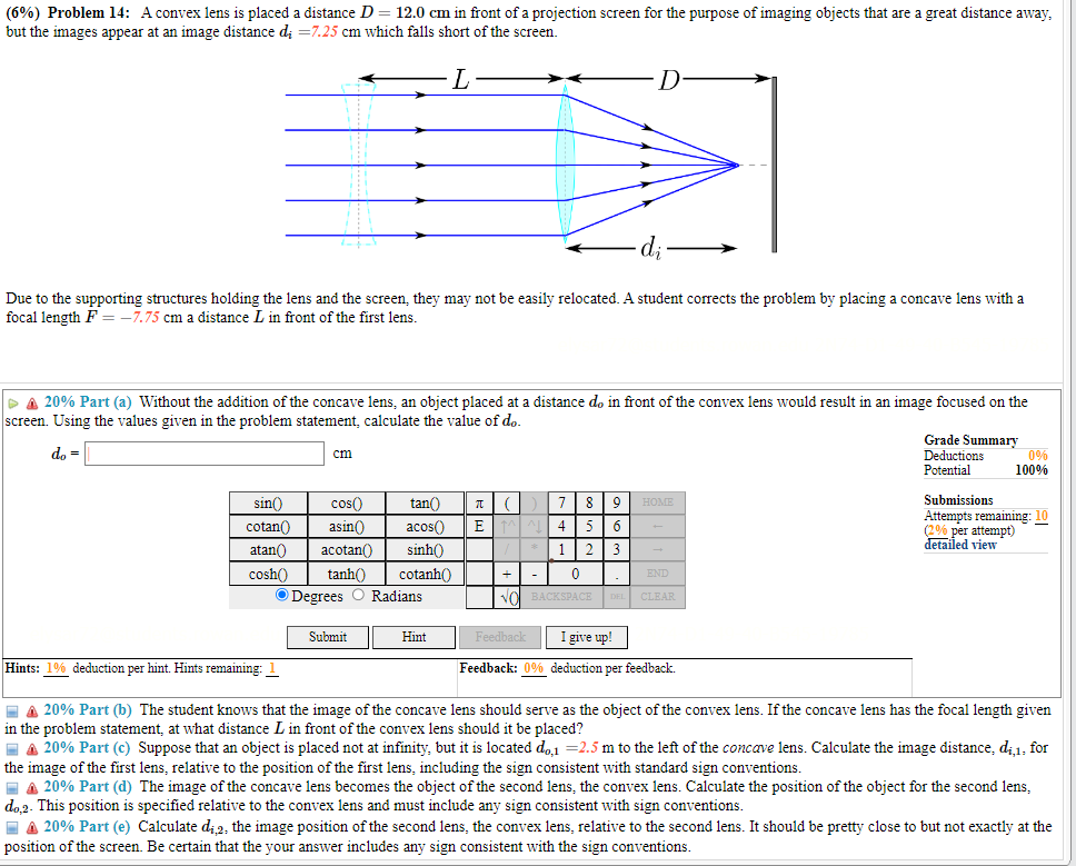 Solved (6%) ﻿Problem 14: A convex lens is placed a distance | Chegg.com