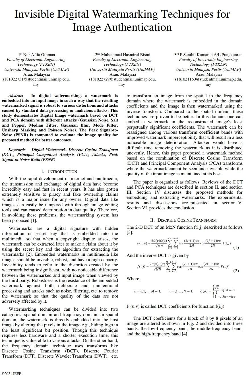 Invisible Digital Watermarking Techniques for Image | Chegg.com