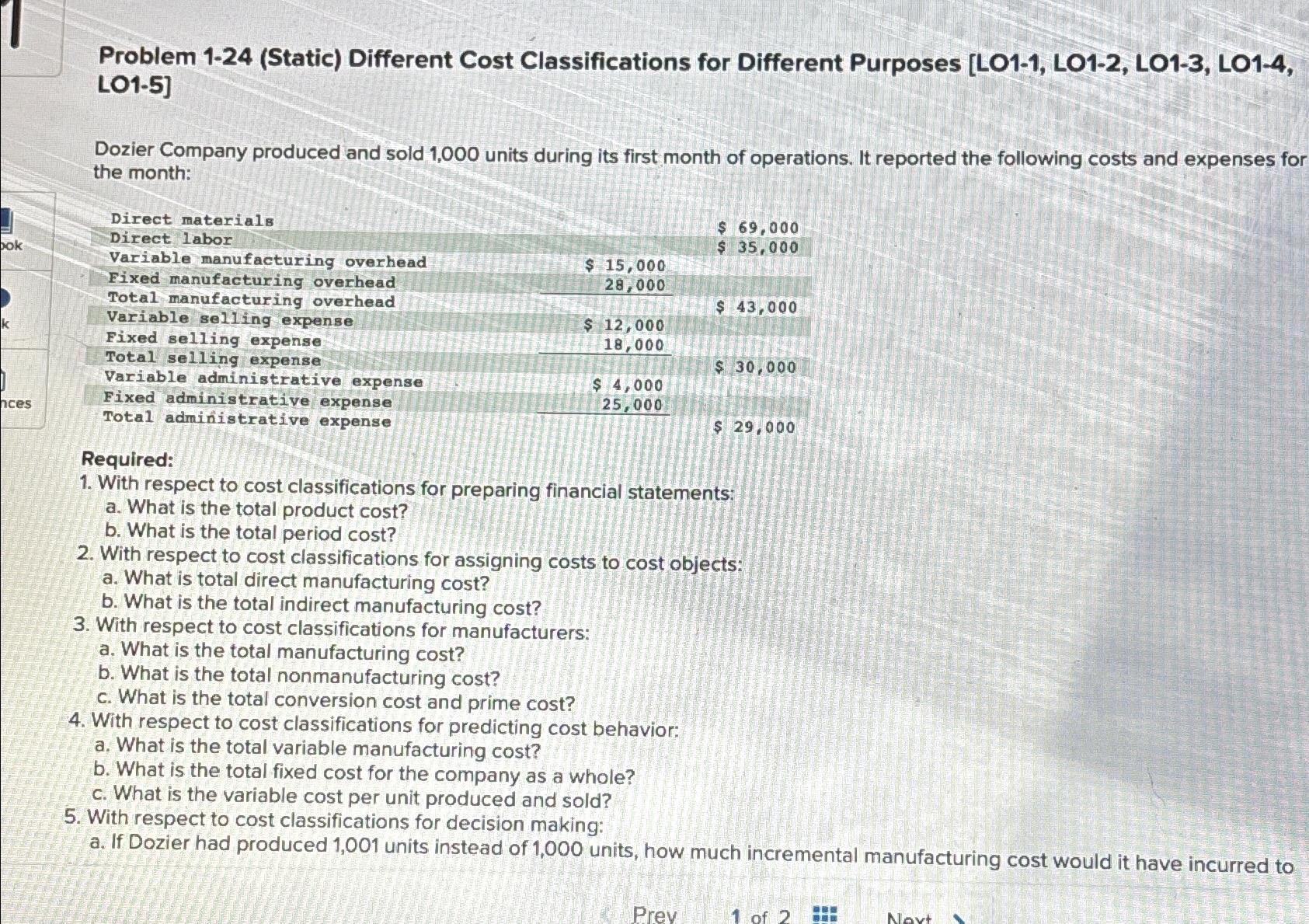 Solved Problem 1-24 (Static) ﻿Different Cost Classifications | Chegg.com