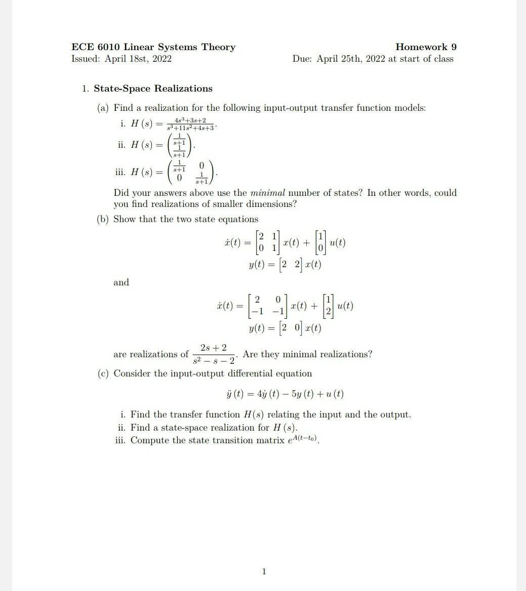 Solved CE 6010 Linear Systems Theory Homework 9 sued: April | Chegg.com