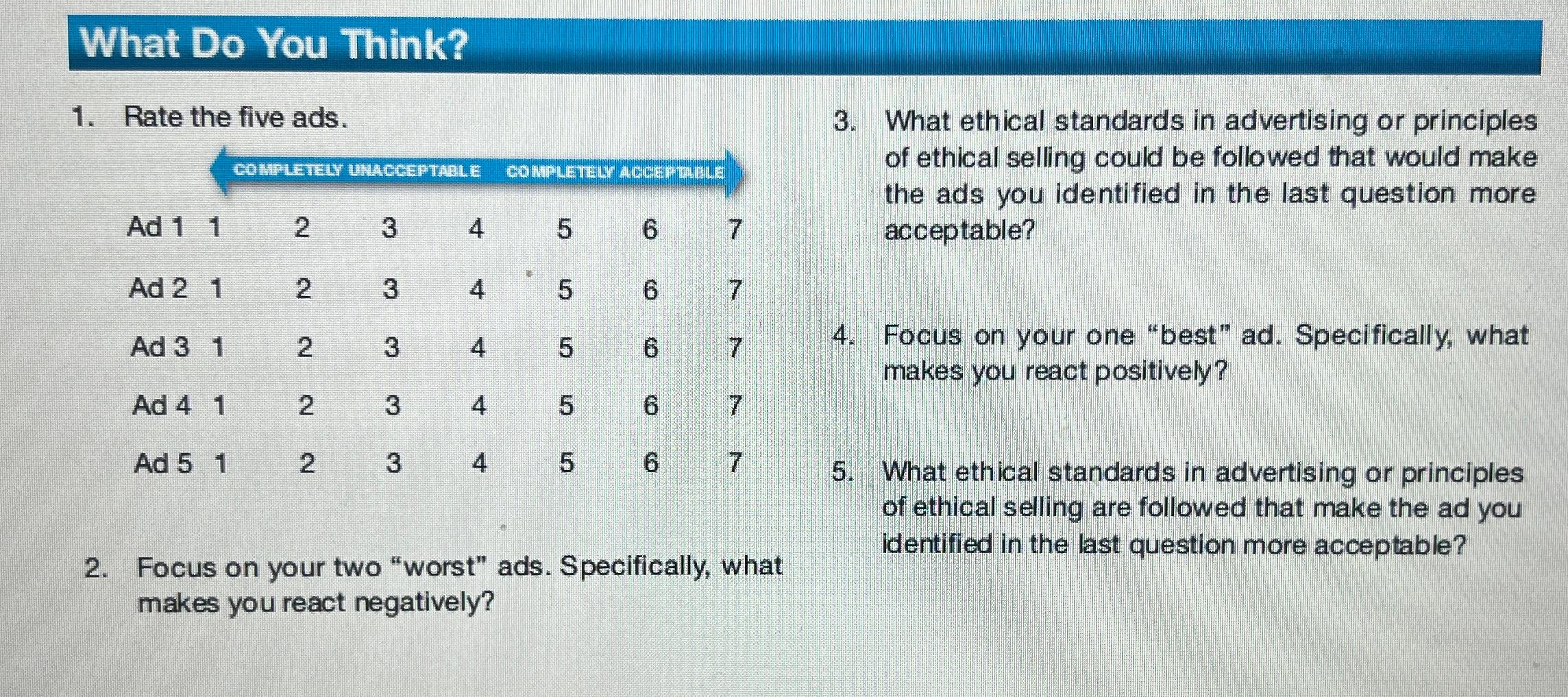Solved What Do You Think?Rate the five ads.\table[[Ad | Chegg.com
