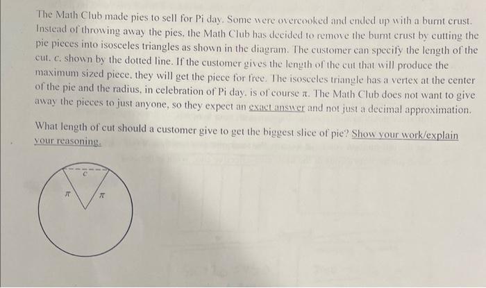 Solved The Math Club made pies to sell for Pi day. Some were | Chegg.com