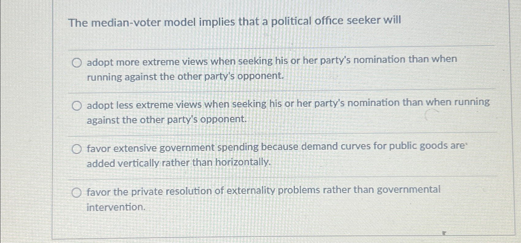 Solved The median-voter model implies that a political | Chegg.com