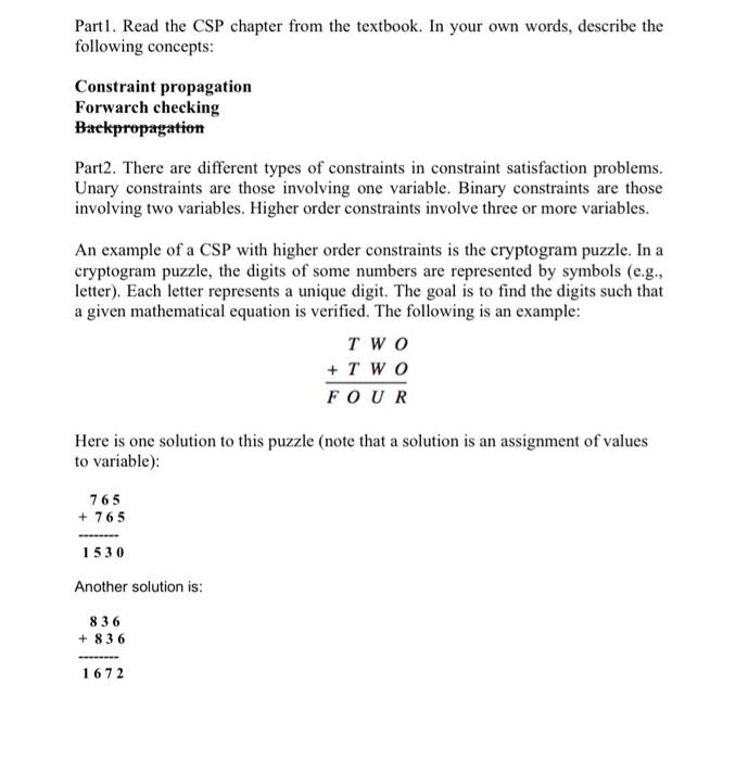 Solved Part1. Read the CSP chapter from the textbook. In | Chegg.com
