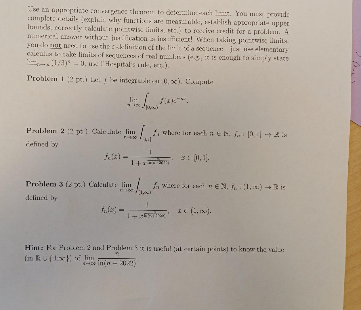 Solved Use an appropriate convergence theorem to determine | Chegg.com