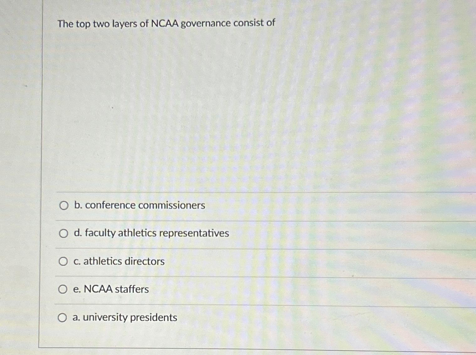 Solved The top two layers of NCAA governance consist ofb. | Chegg.com