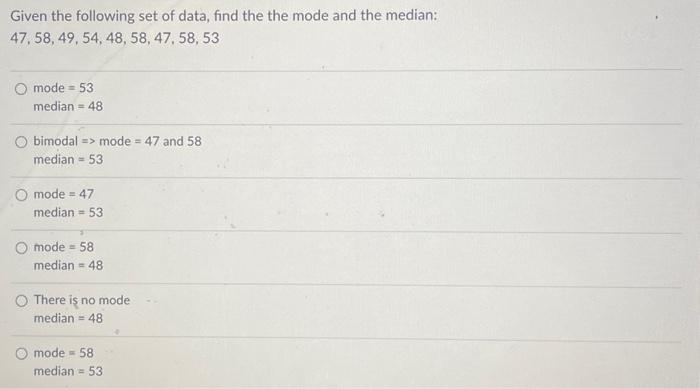 Solved Given the following set of data, find the the mode | Chegg.com