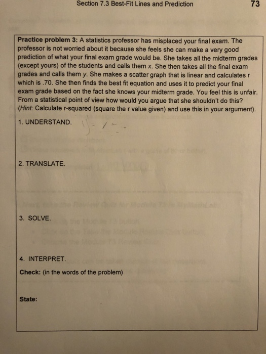 Solved Section 7.3 Best-Fit Lines and Prediction 73 Practice | Chegg.com