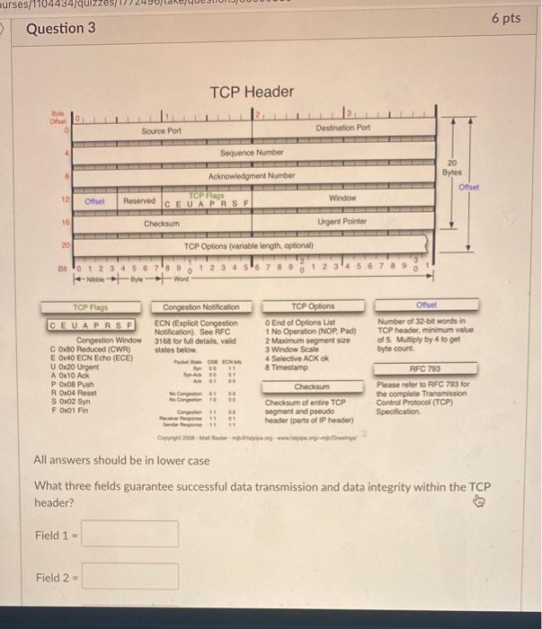 Solved ourses/1104434/quizzes/ Question 3 6 pts TCP Header | Chegg.com Solved ourses/1104434/quizzes/ Question 3 6 pts TCP Header | Chegg.com
