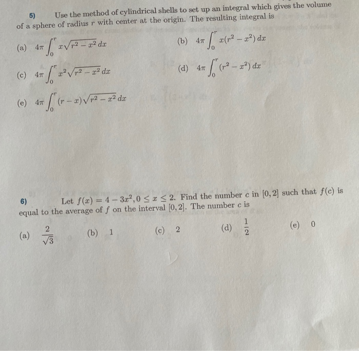 Solved 5) Use the method of cylindrical shells to set up an | Chegg.com