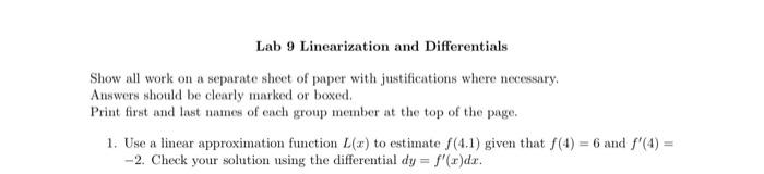Solved Lab 9 Linearization and Differentials Show all work | Chegg.com