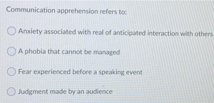 Solved Communication apprehension refers to: Anxiety | Chegg.com