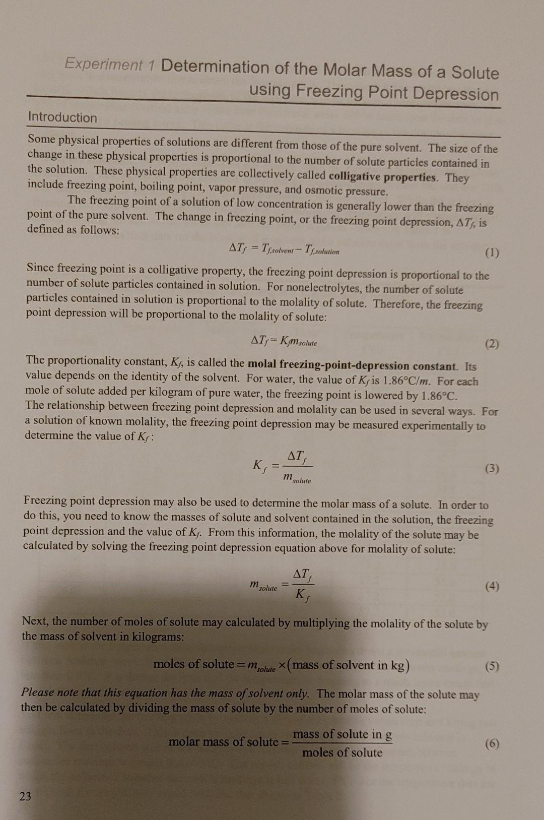 Solved Experiment 1 Determination of the Molar Mass of a | Chegg.com