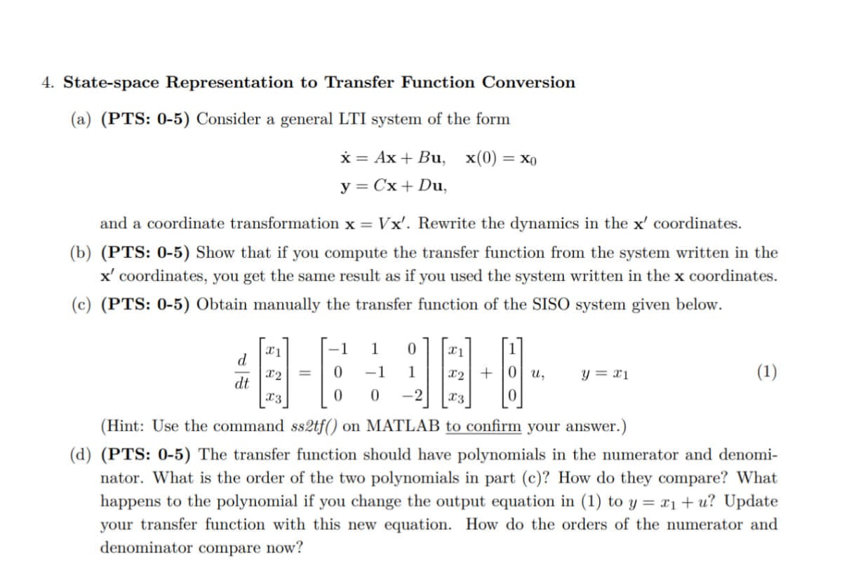 Solved State-space Representation to Transfer Function | Chegg.com