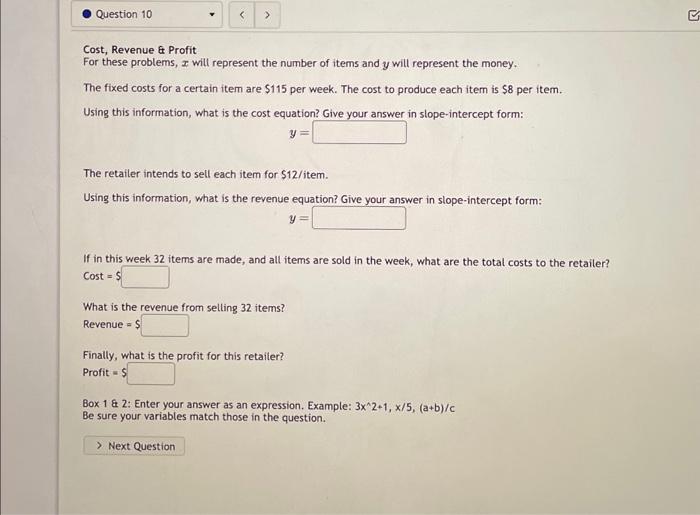 Solved Cost, Revenue \& Profit For these problems, x will | Chegg.com