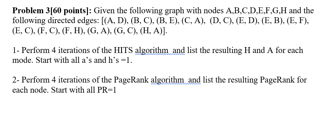 Solved Problem 3[60 ﻿points]: Given the following graph with | Chegg.com