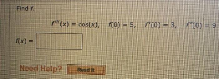 Solved Find f. fin′(x)=cos(x),f(0)=5,f′(0)=3,f′′(0)=9 f(x)=A | Chegg.com