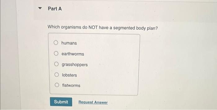 Solved Part A Which organisms do NOT have a segmented body | Chegg.com