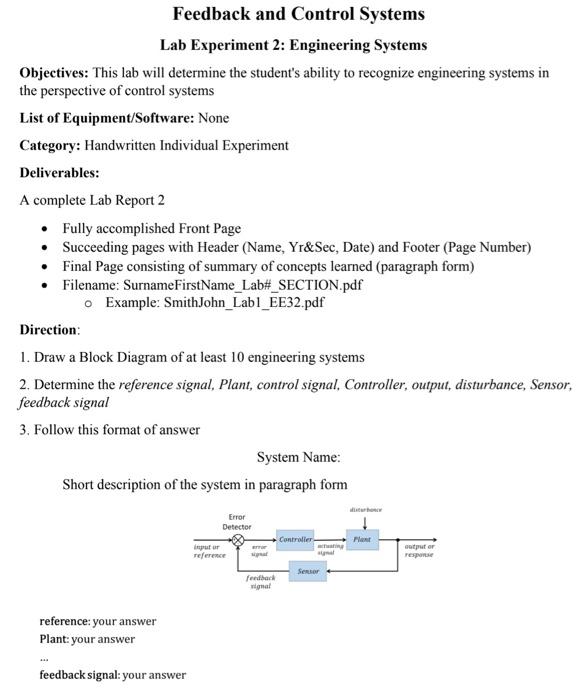 Solved Feedback and Control Systems Lab Experiment 2: | Chegg.com