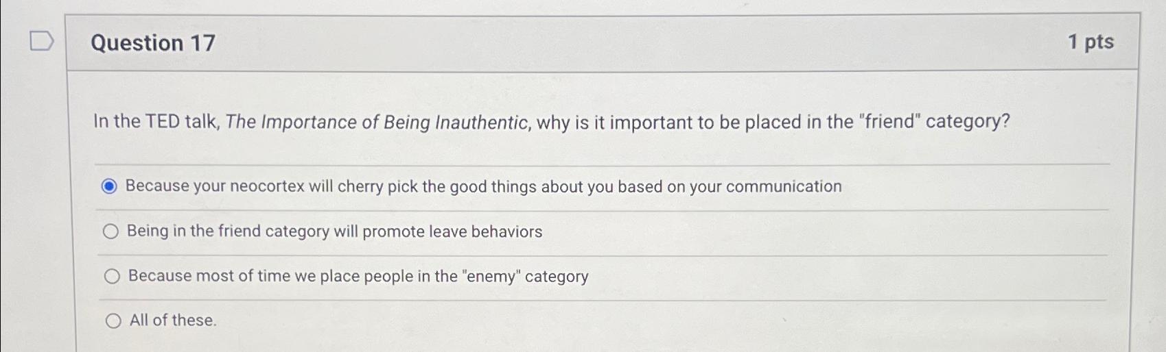 Solved Question 171 ﻿ptsIn the TED talk, The Importance of | Chegg.com