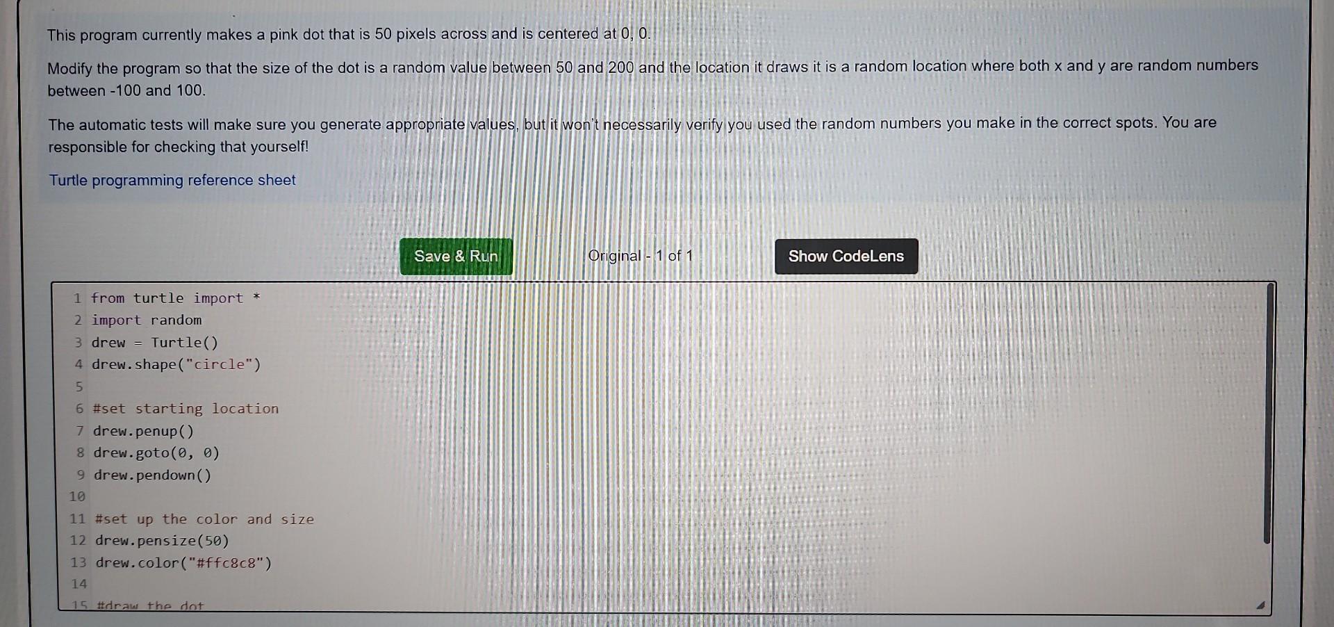 Solved This program currently makes a pink dot that is 50 | Chegg.com