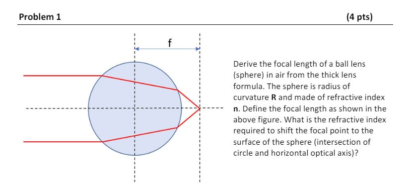 Solved Problem 1(4 ﻿pts)Derive the focal length of a ball | Chegg.com
